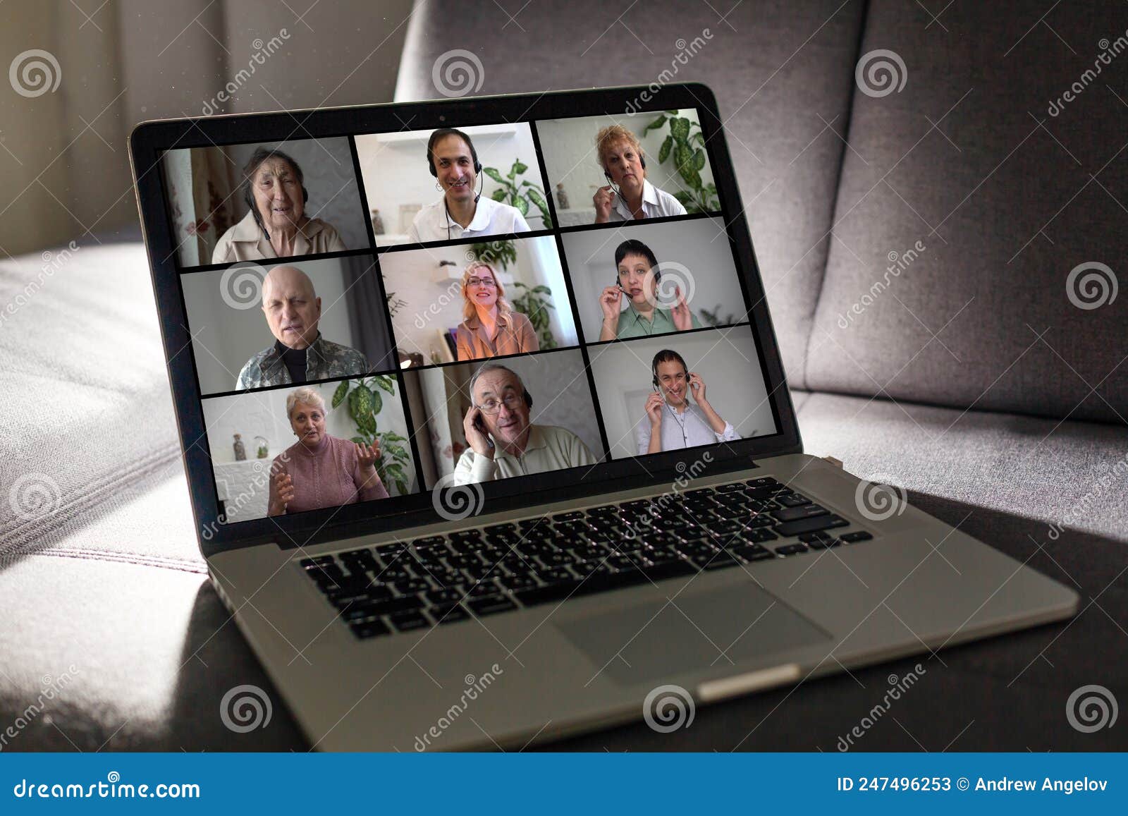 Working from Home, Online Group Videoconference on Laptop Stock Image ...