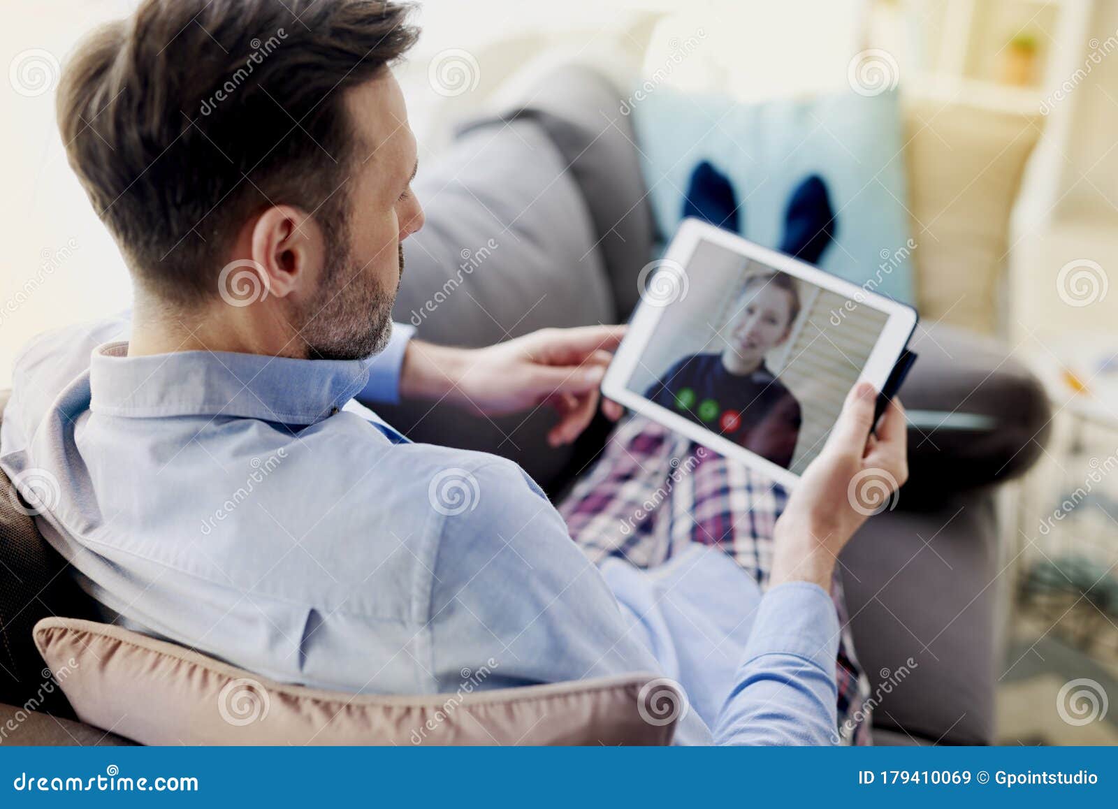 Working at Home during a Video Conference Stock Image - Image of rear ...