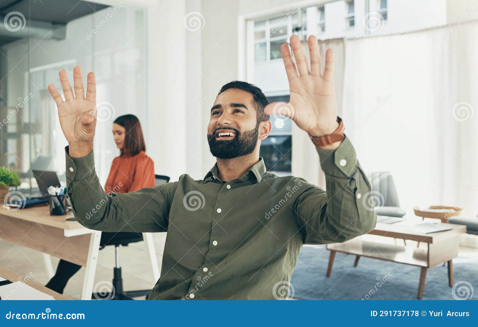 Working, Invisible Screen and Hands of Man in Office for Futuristic ...