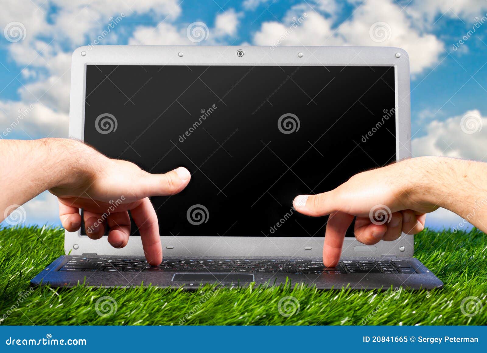 Working on laptop in grass stock image. Image of environment - 20841665