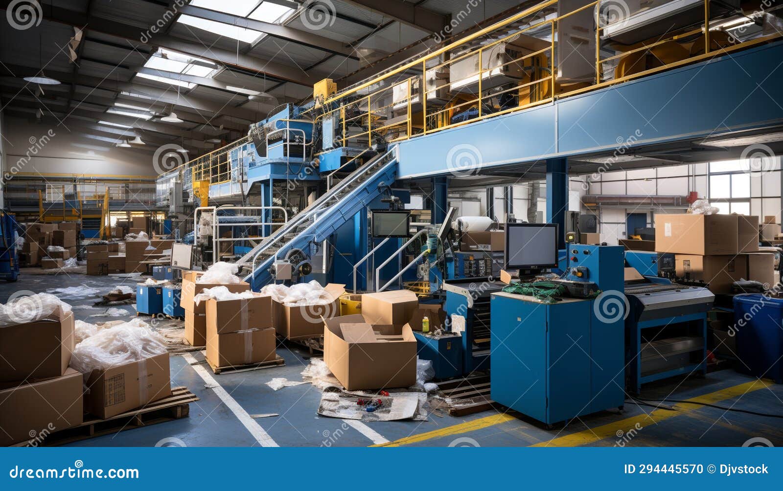 Working in a Large Factory, Men Pack Cardboard Boxes on Conveyor Belts ...