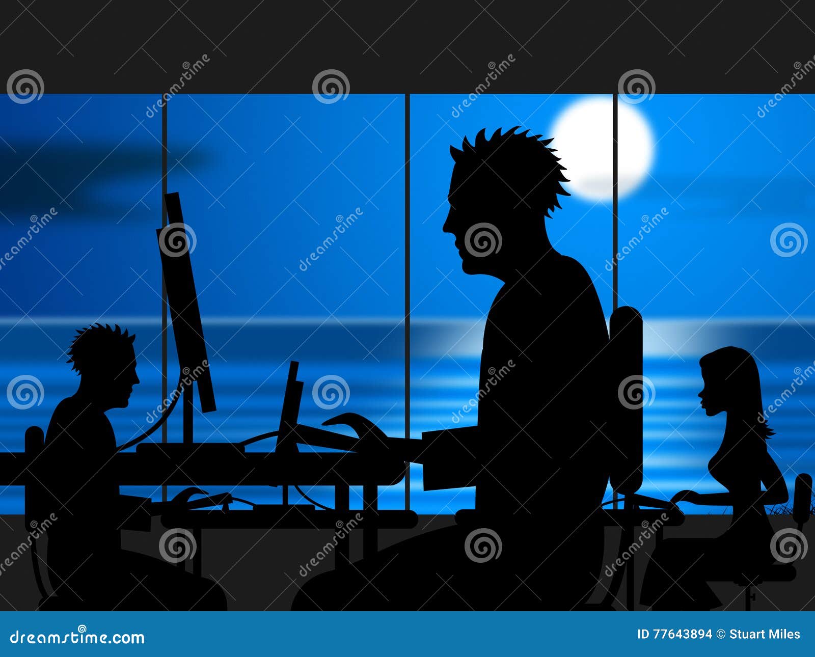 Working Late Indicates Workplace Office and Night Stock Illustration ...