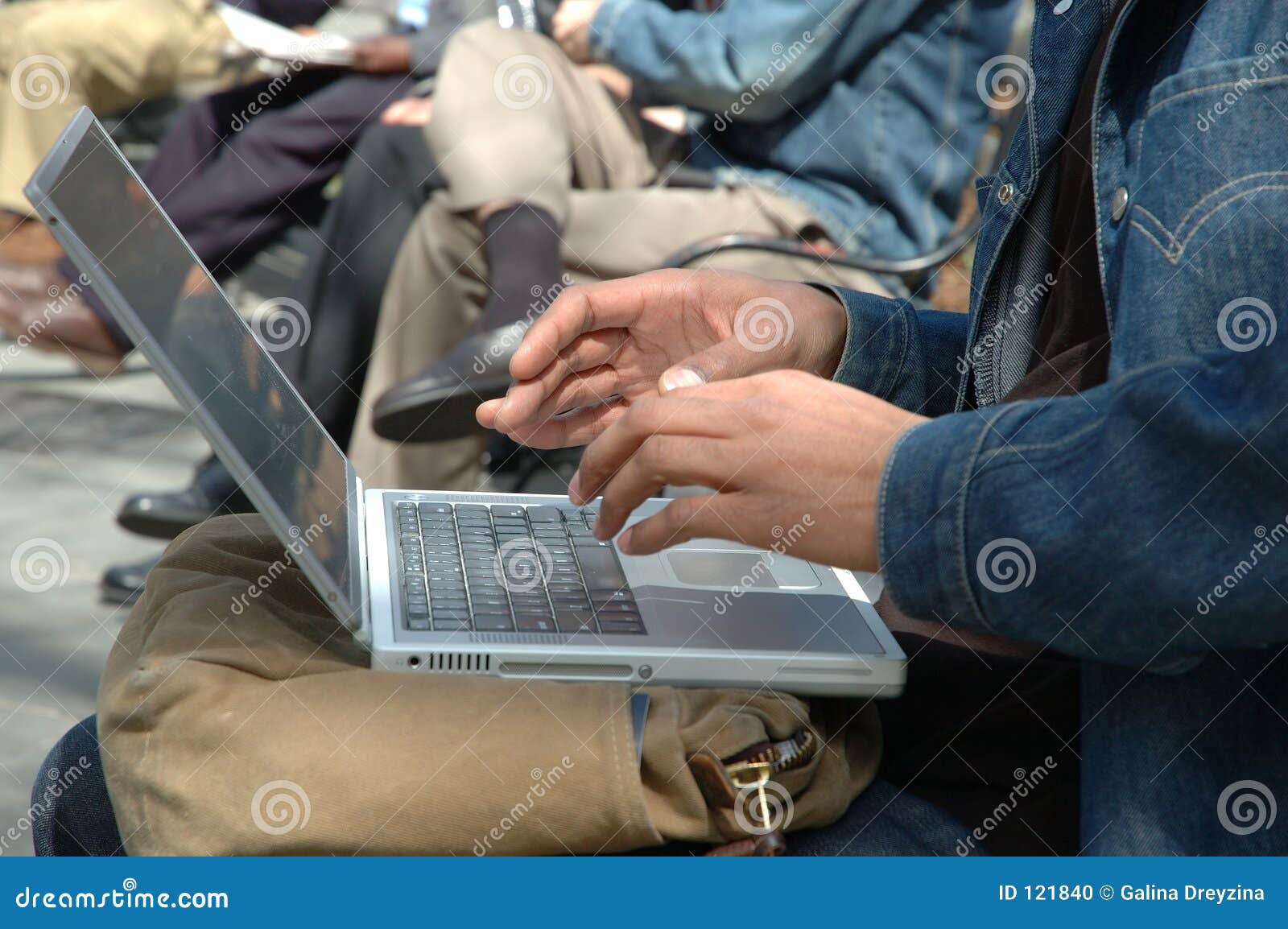 Working during lunch stock photo. Image of bench, computer - 121840