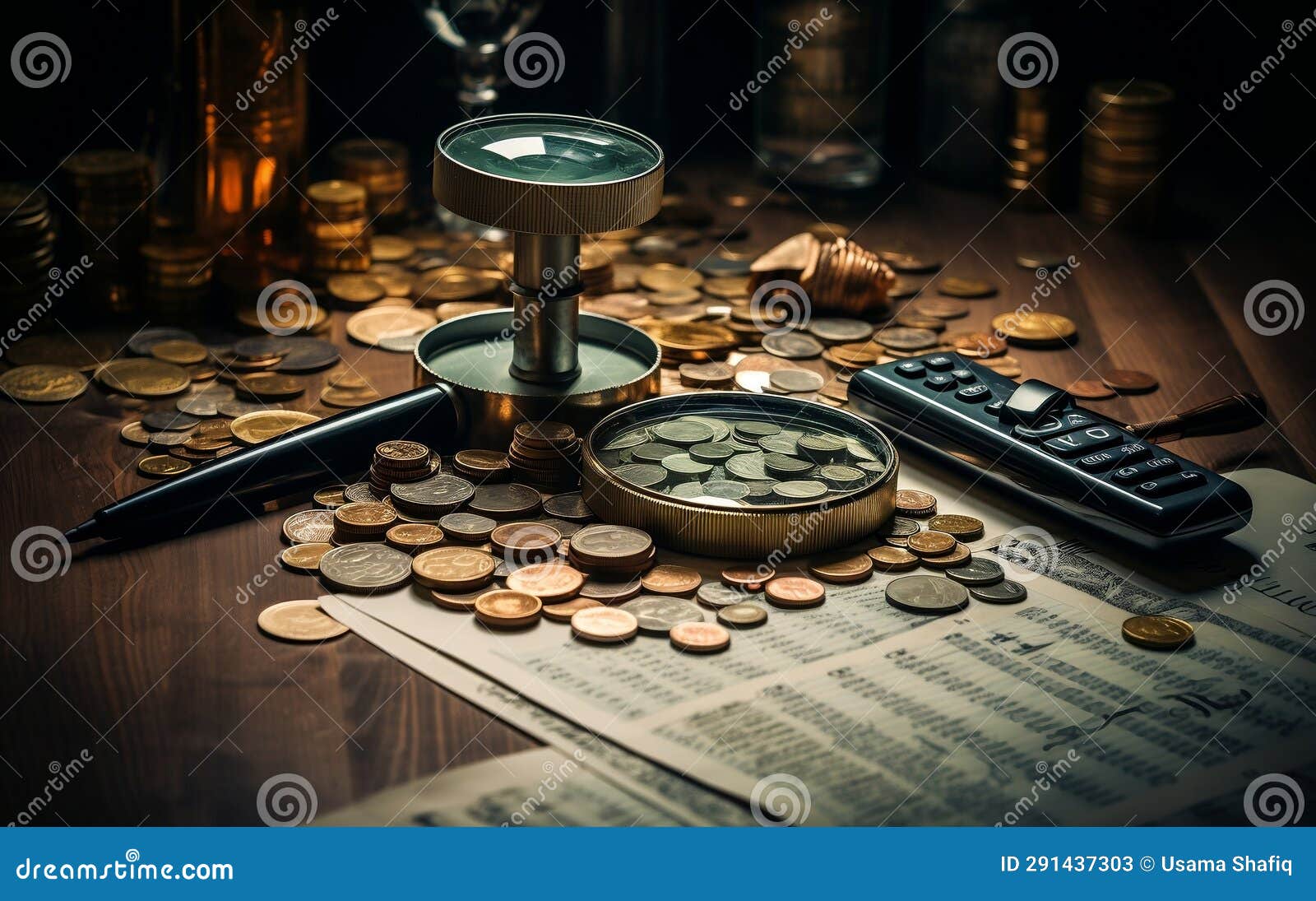 Working with a Magnifying Glass, Calculator, and Paper. Stock Image ...