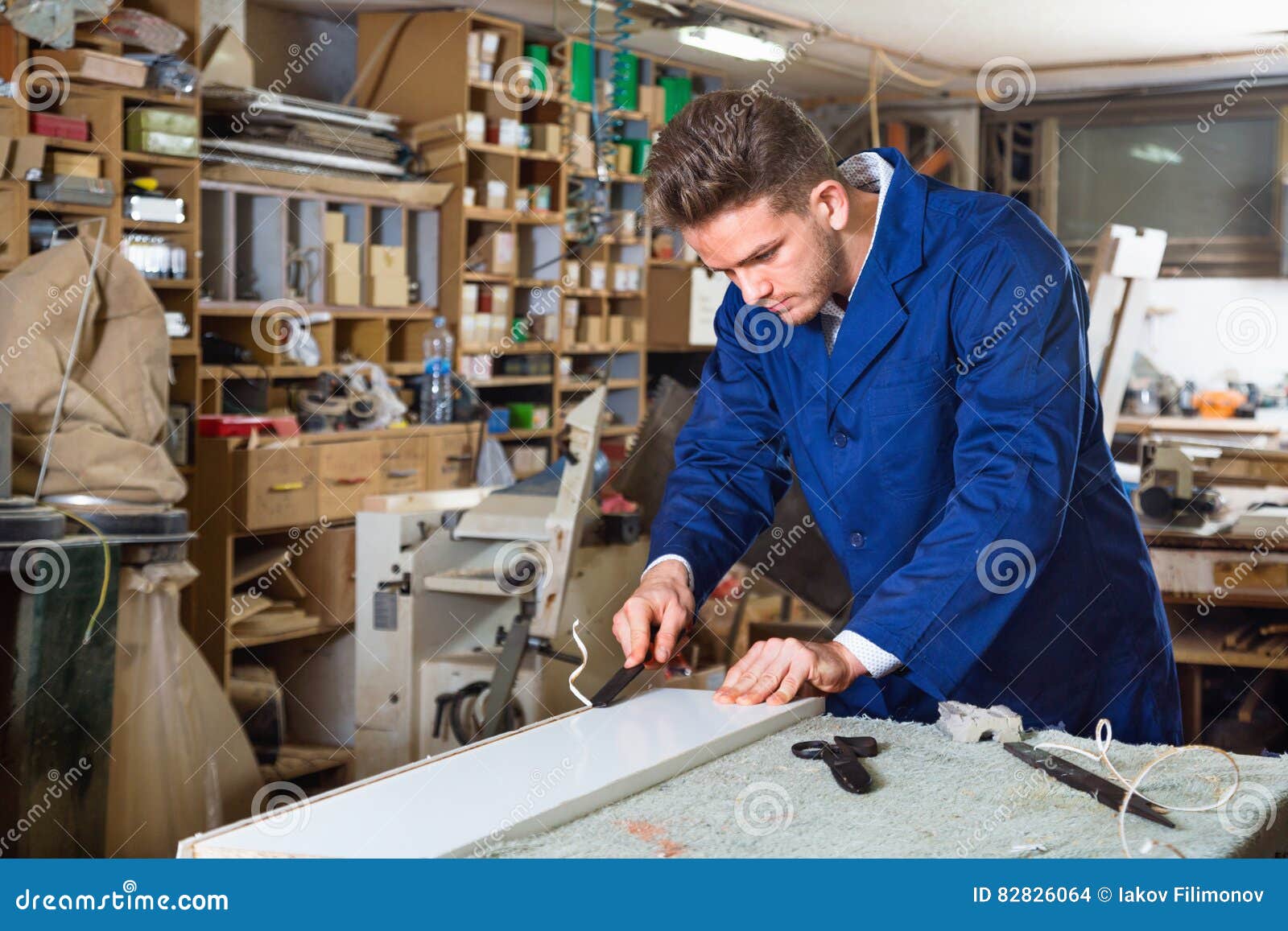 Working Man Practising His Skills in Plank Chiseling Stock Photo ...