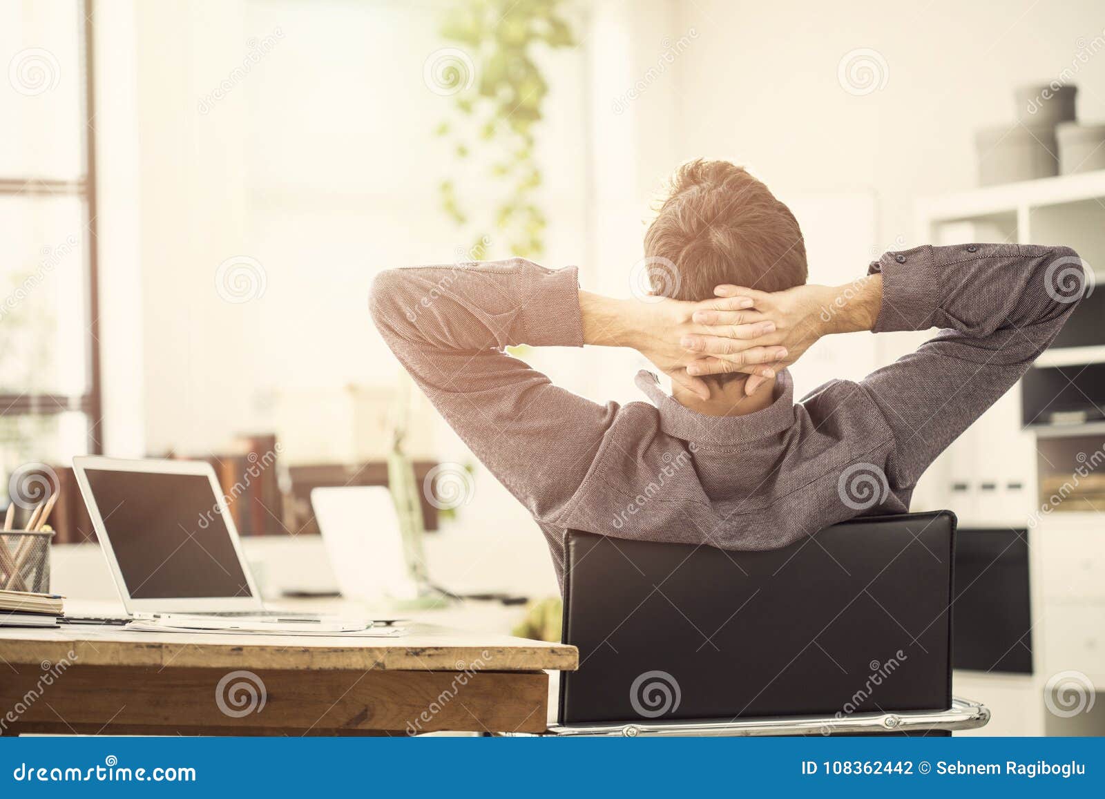 Working Man Resting in Office Stock Photo - Image of stretch, desk ...
