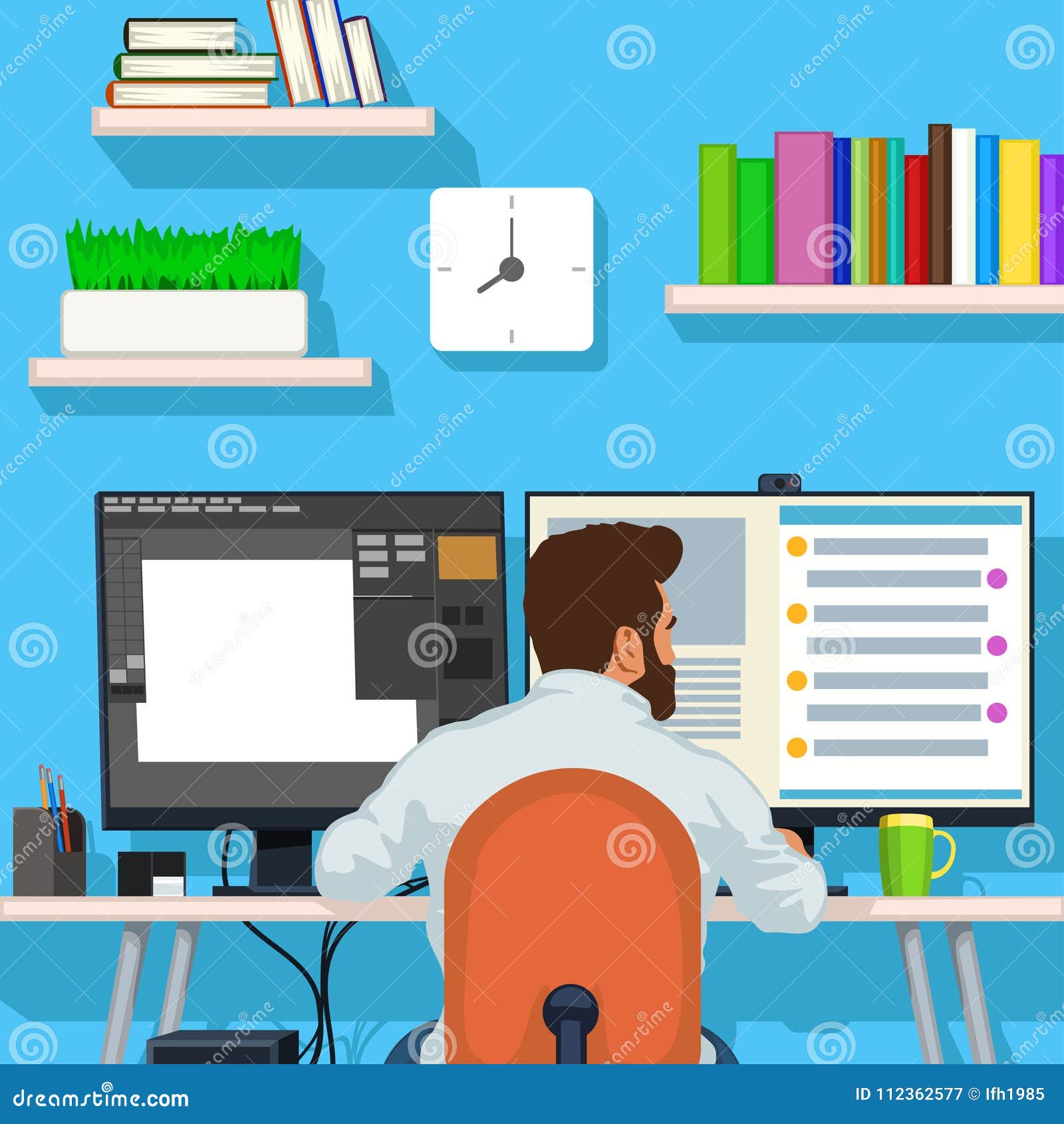 Working man view from back stock vector. Illustration of editor - 112362577