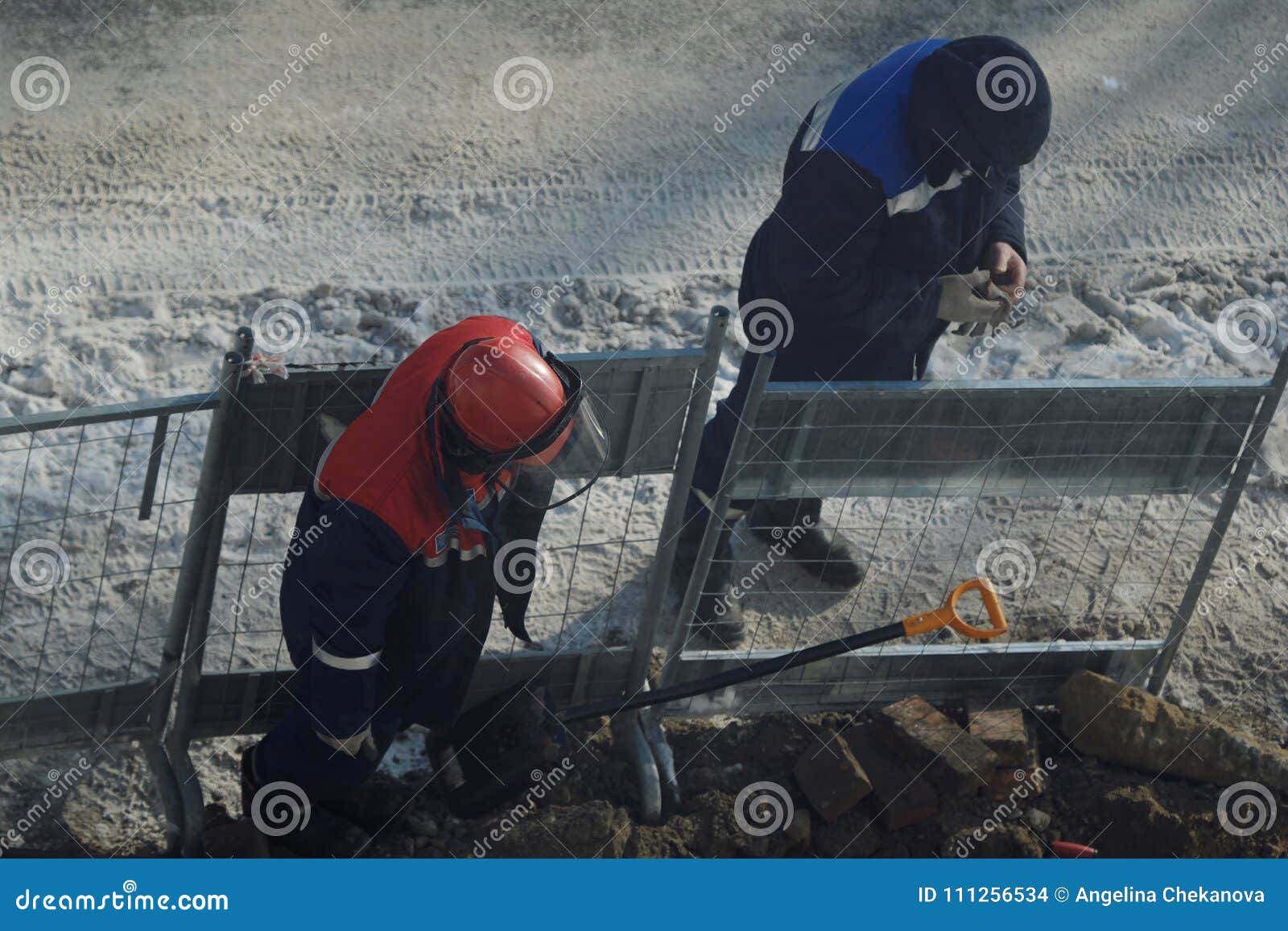 Working Men in the Form of Standing Around a Sand Pit Stock Photo ...