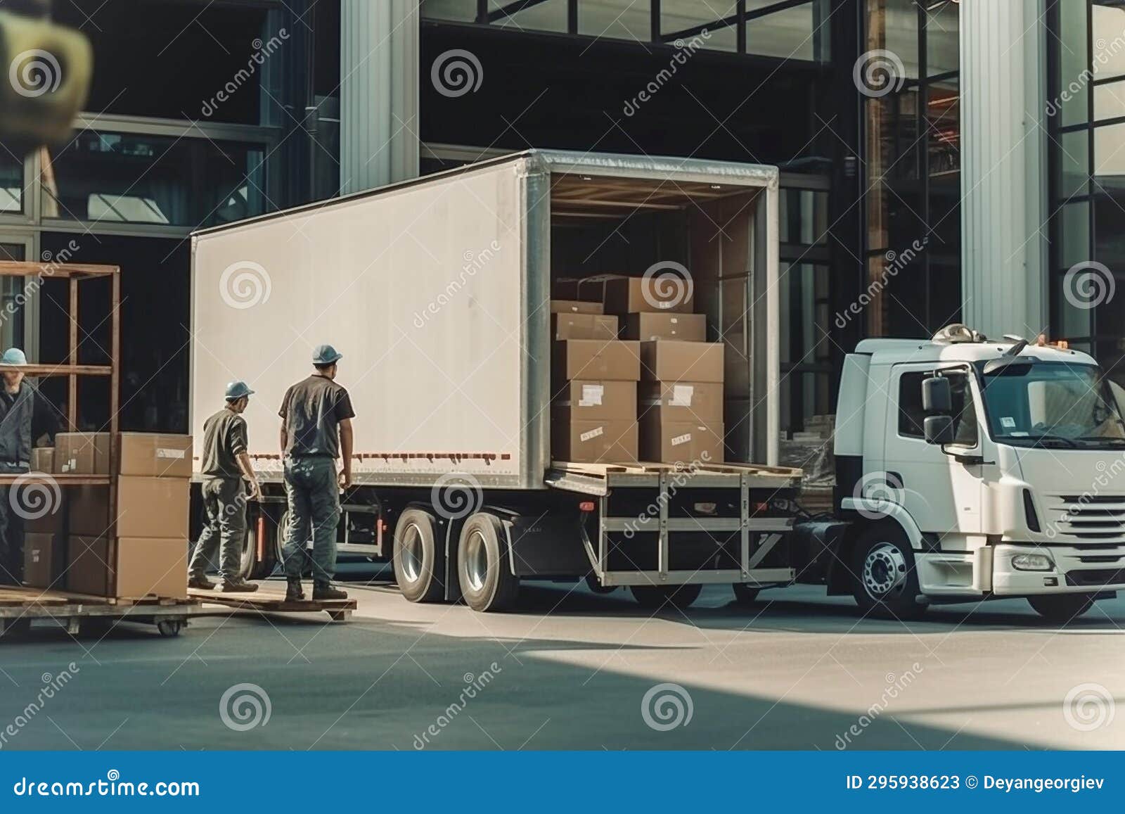 Working Men Unloading and Loading Cardboard Boxes Stock Illustration ...