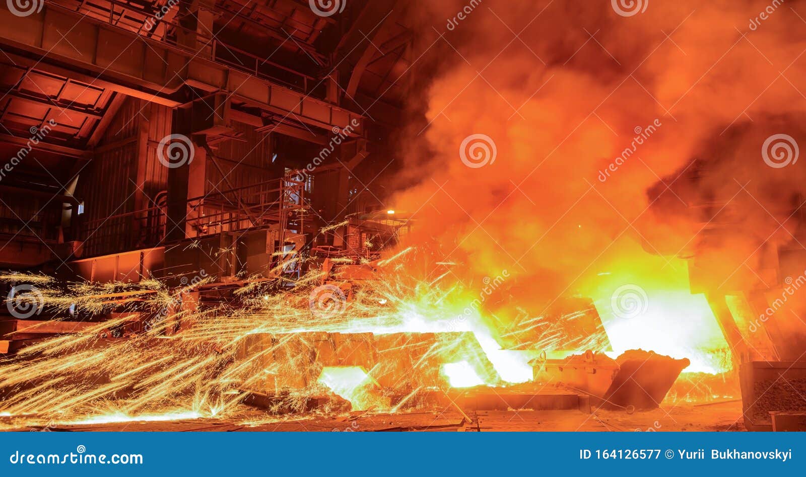 Steelworker Near a Blast Furnace with Sparks. Foundry. Heavy Industry ...