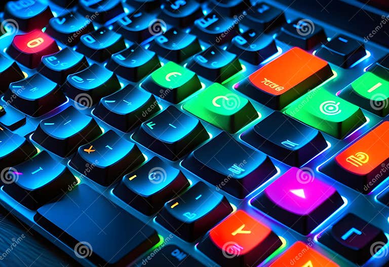 Working on a Neon Computer Keyboard with Colored Backlighting Stock ...