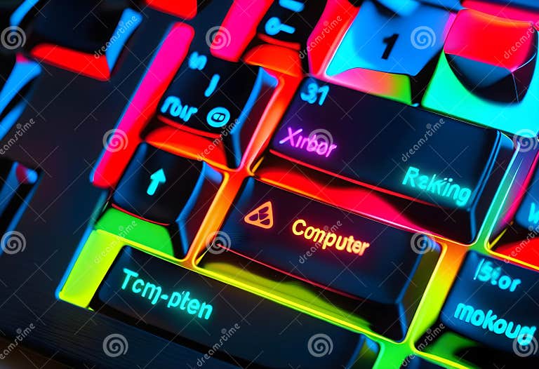 Working on a Neon Computer Keyboard with Colored Backlighting Stock ...