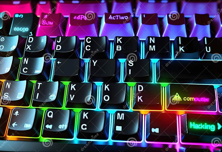 Working on a Neon Computer Keyboard with Colored Backlighting Stock ...