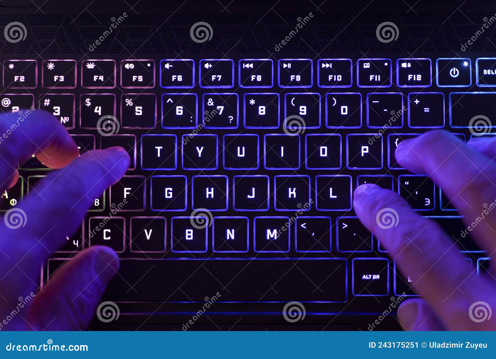 Working on a Neon Computer Keyboard with Colored Backlighting. Computer ...