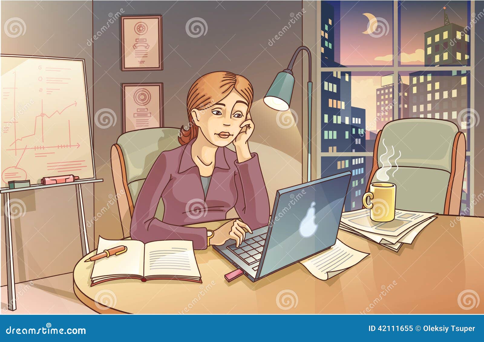 Working at Night stock vector. Illustration of city, document - 42111655