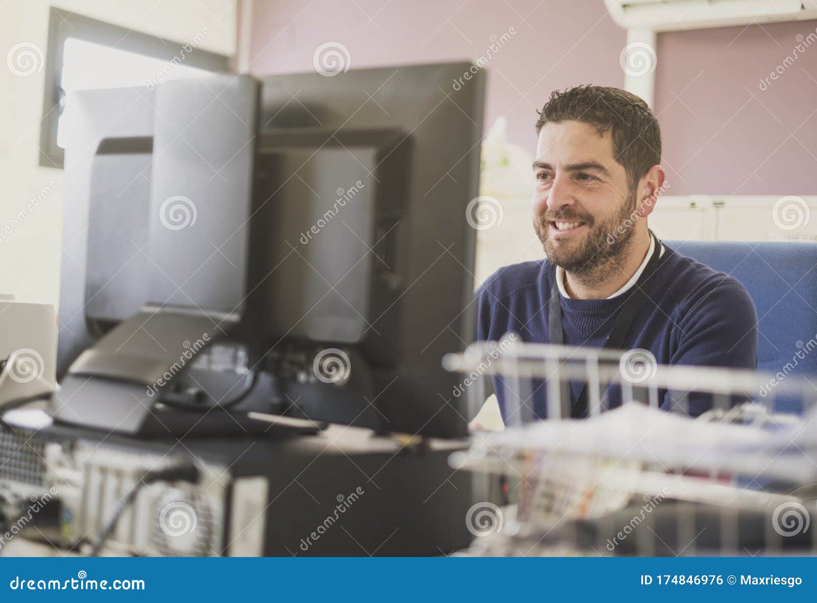 Working Office Worker Smiling at Pc Stock Photo - Image of people ...