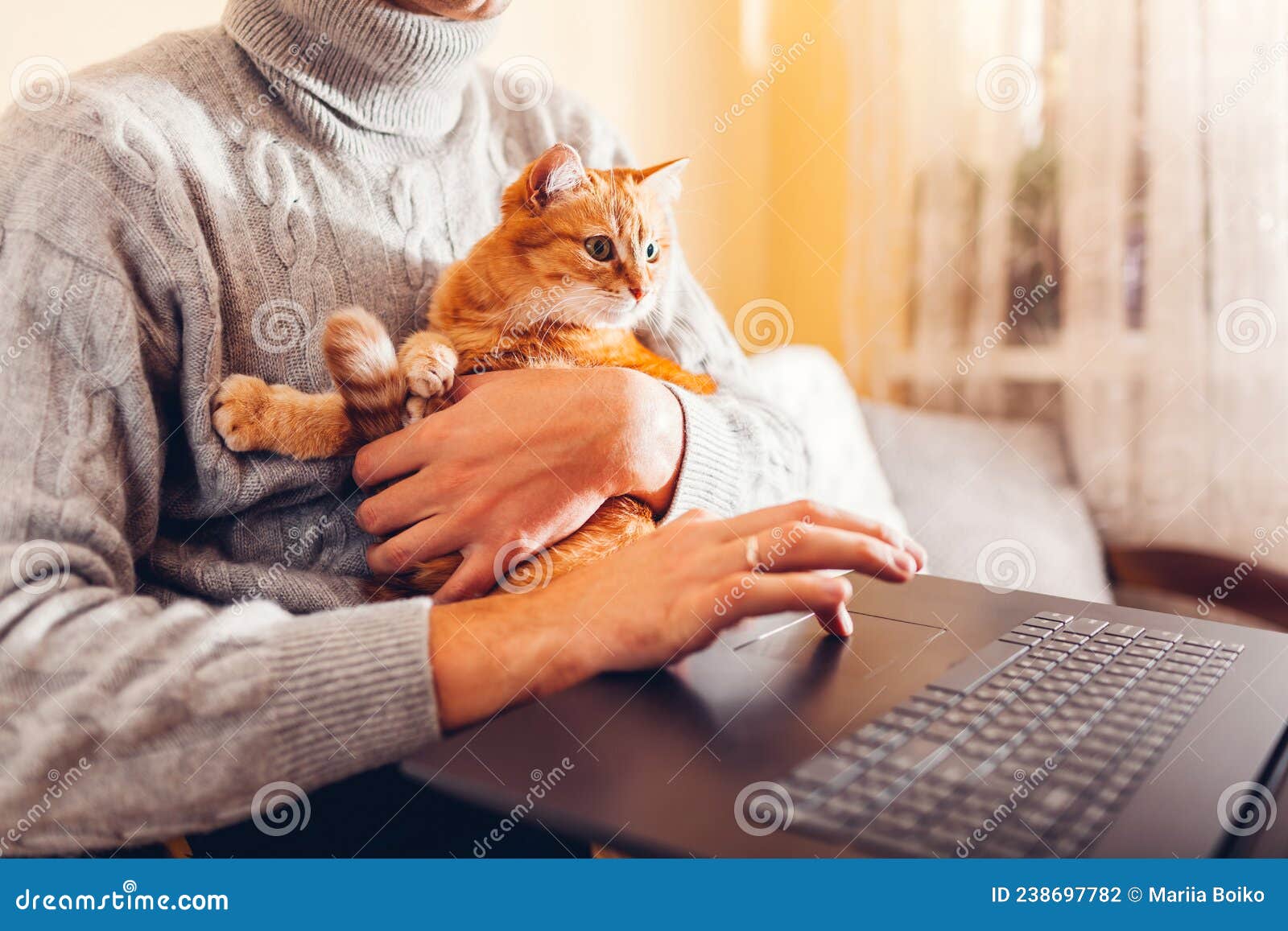 Working Online from Home with Pet Using Computer. Man Typing on Laptop ...