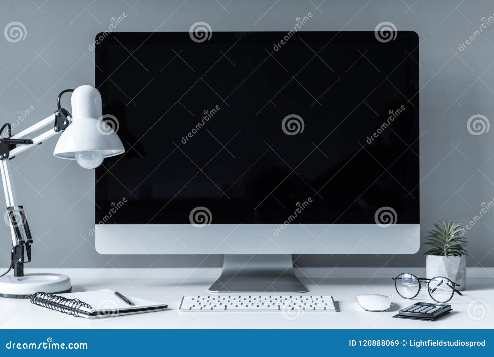 Working Place with Computer, Table Lamp Stock Image - Image of tabletop ...