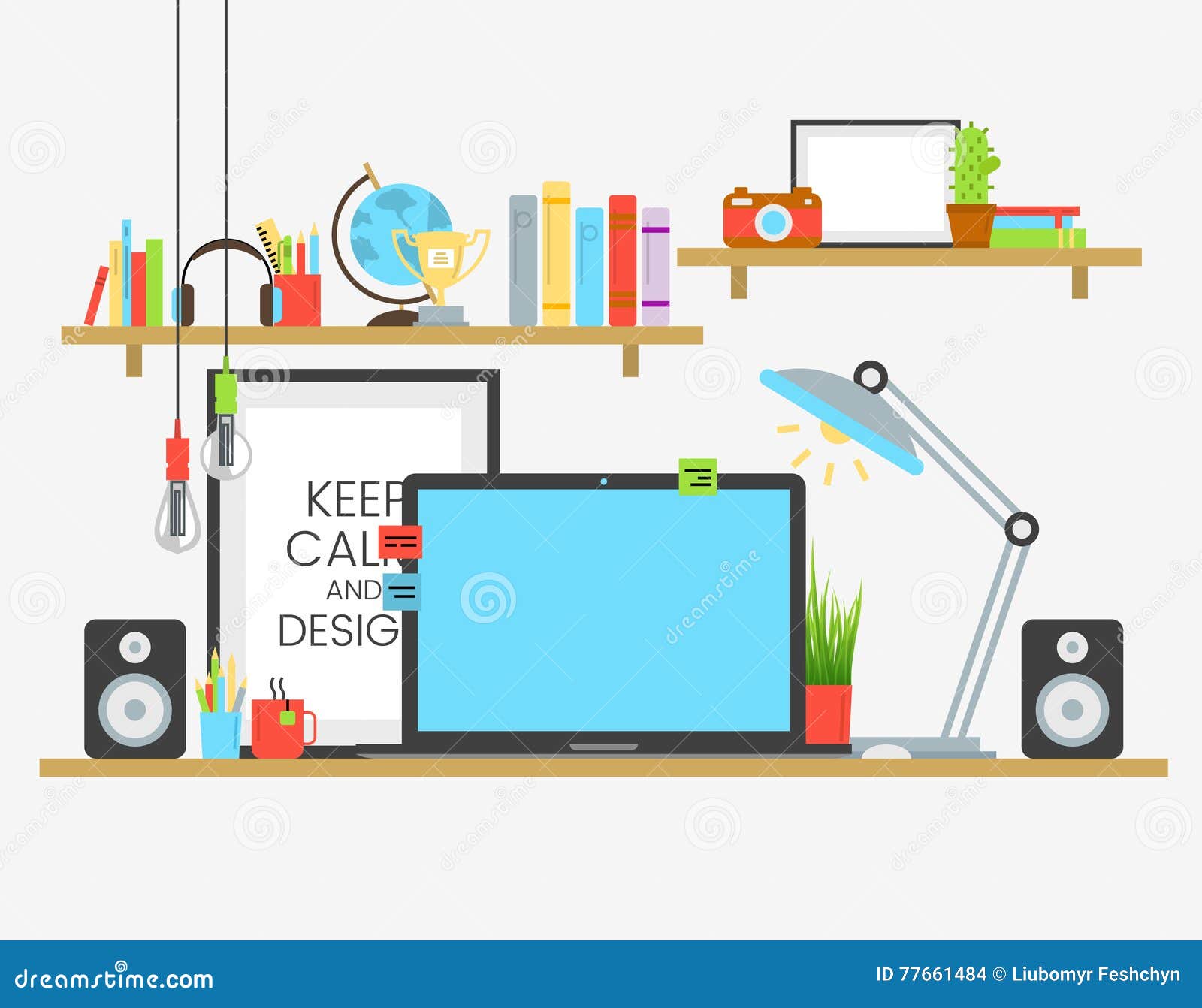 Working Place of Creative Team in Flat Design Over Wooden Table ...