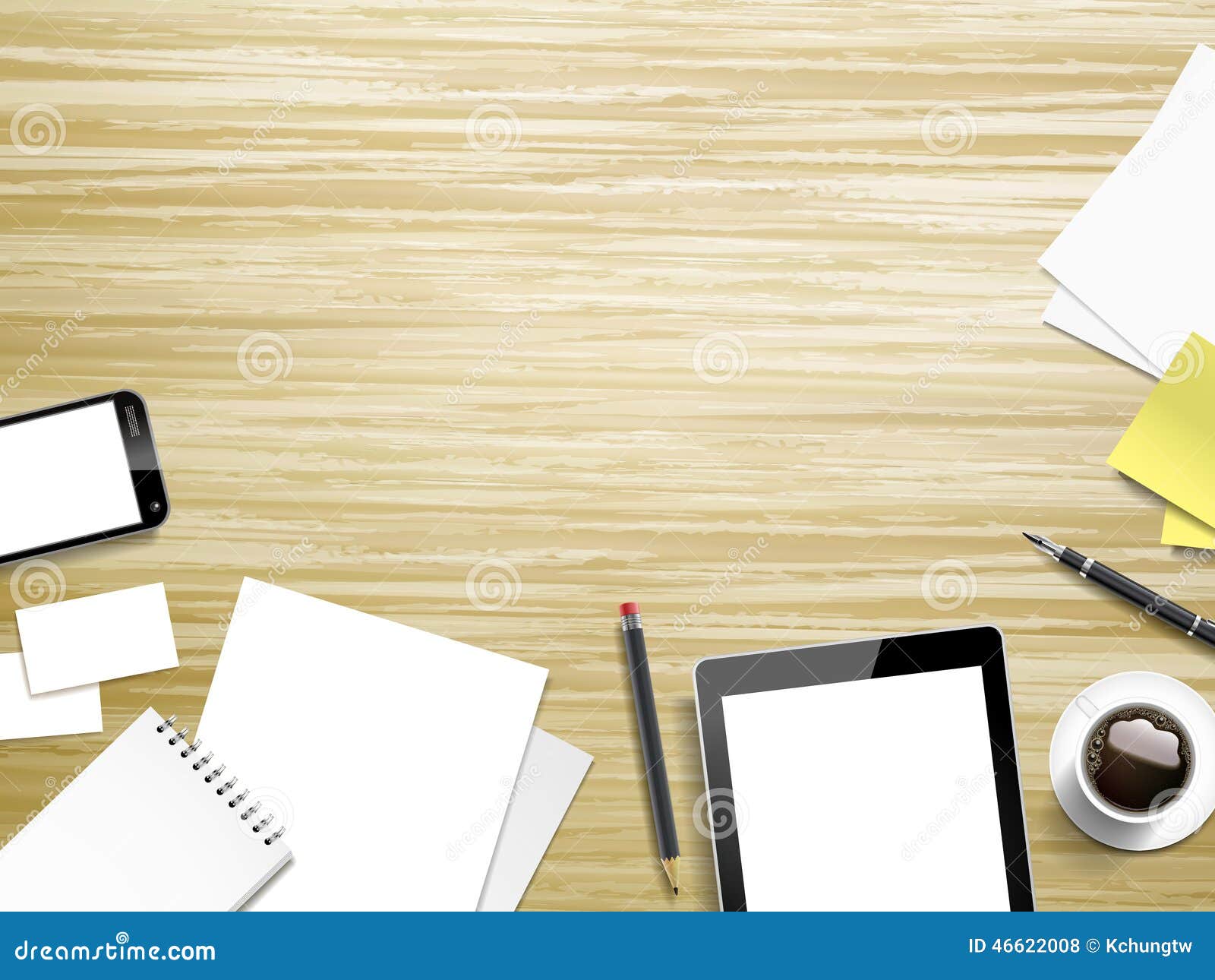 Working Place Elements on Wooden Background Stock Vector - Illustration ...