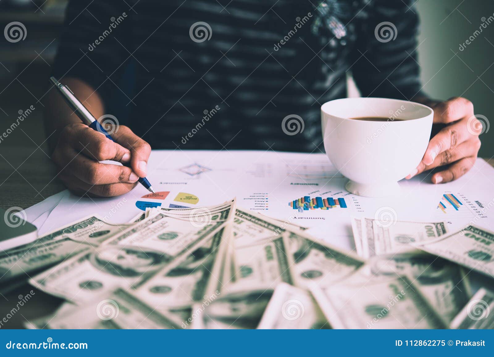 Working Place of Trader. the Table Covered by Cash Notes, Keyboard and ...