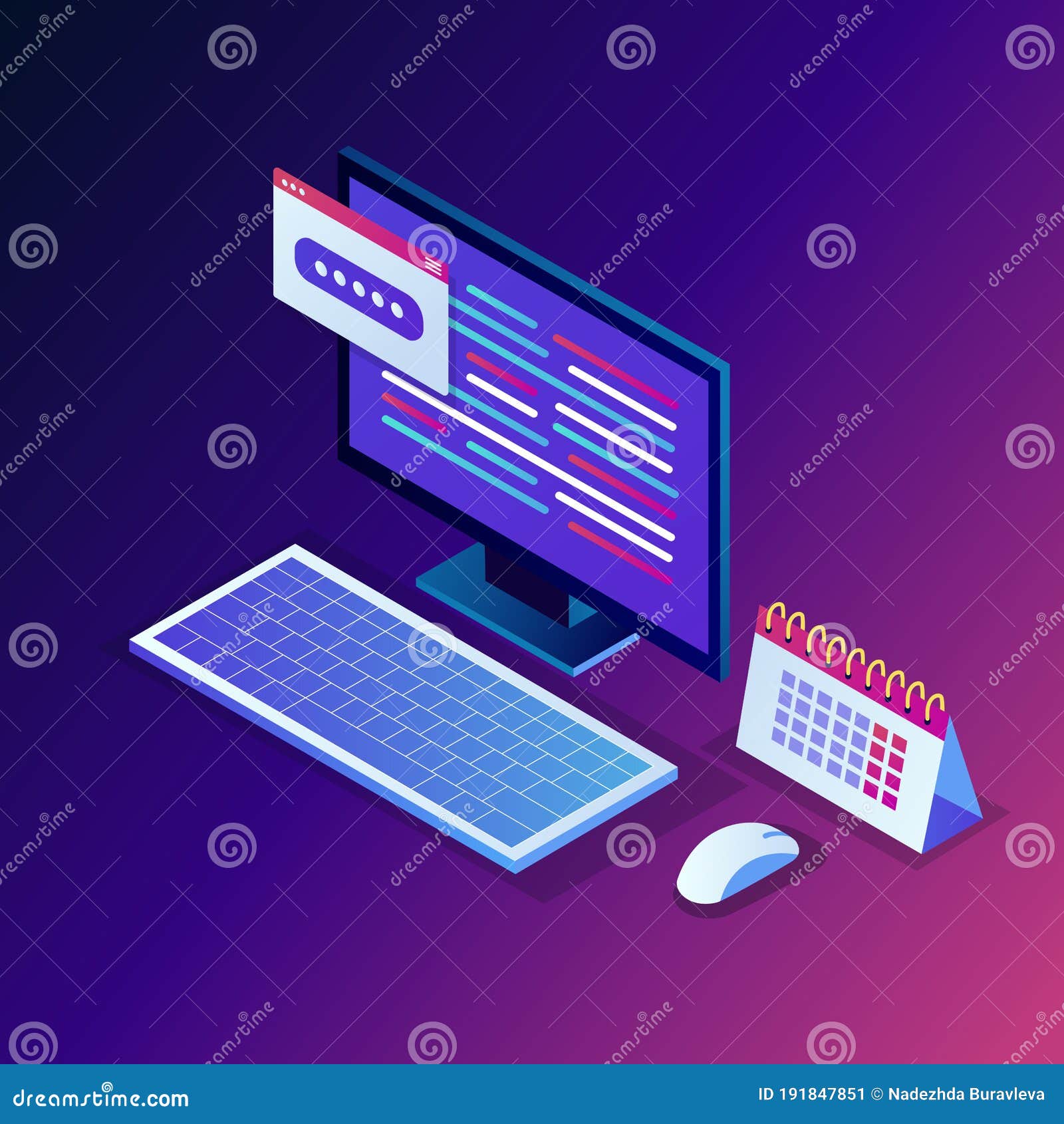 Working Process. 3d Isometric Office Workplace with Computer, Pc ...