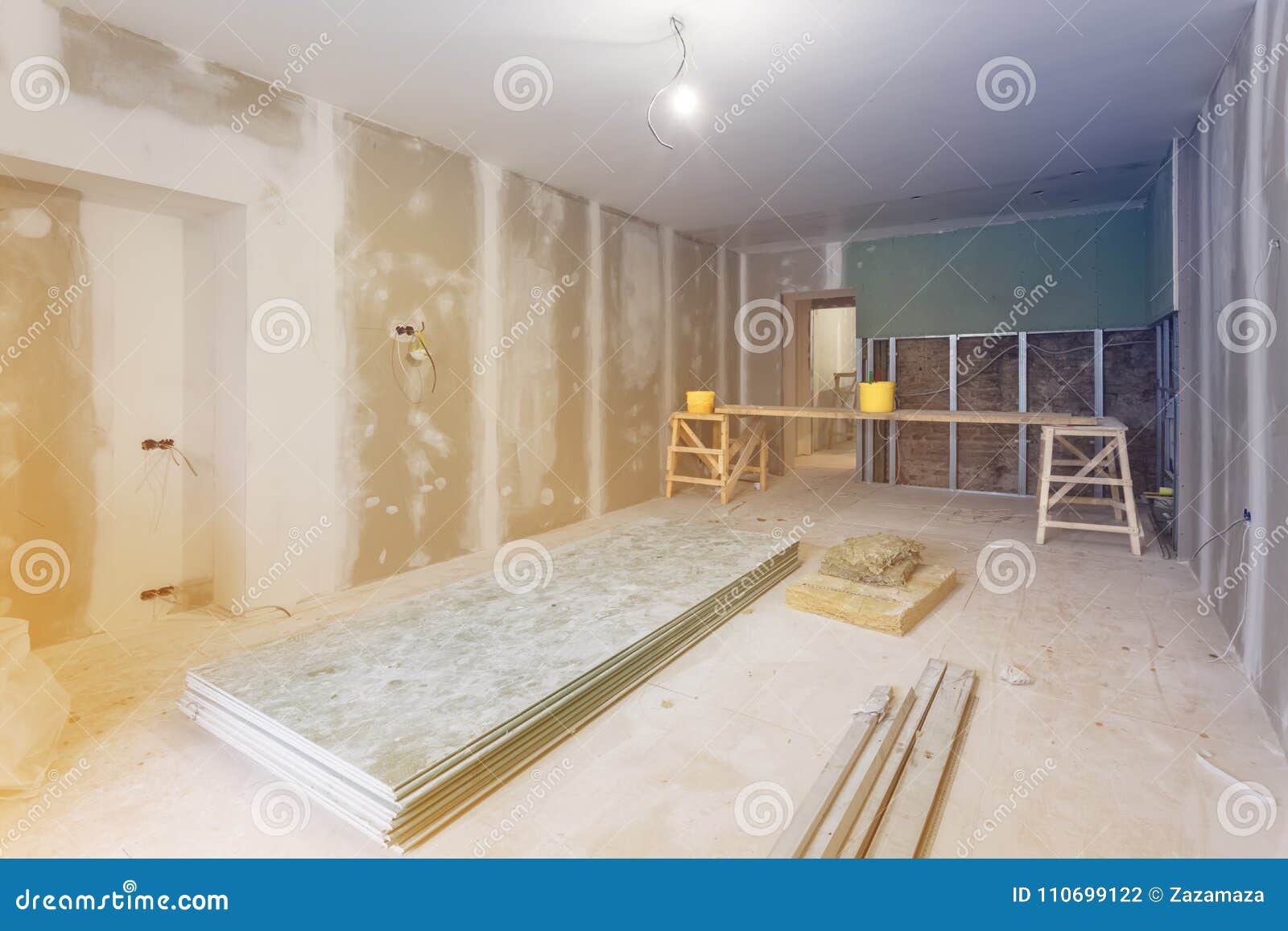 Working Process of Installing Metal Frames and Plasterboard Drywall for ...