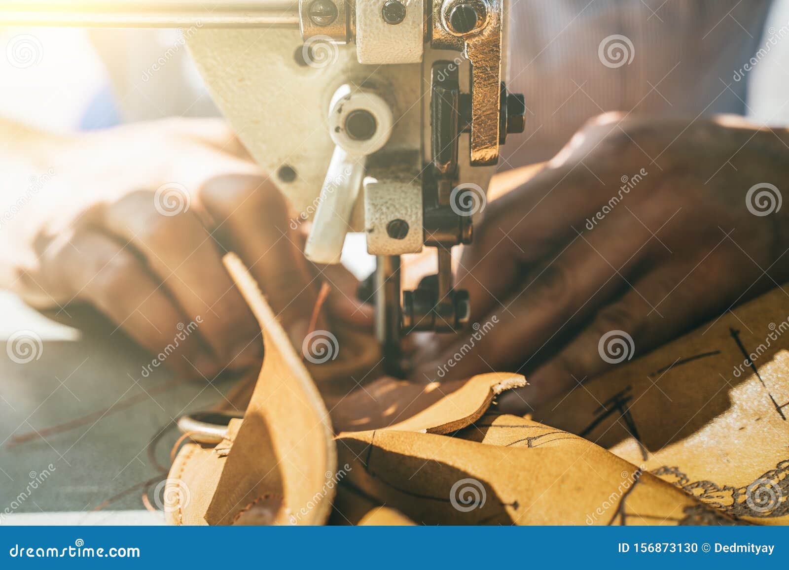 Working Process of Leather Craftsman. Tanner or Skinner Sews Leather on ...