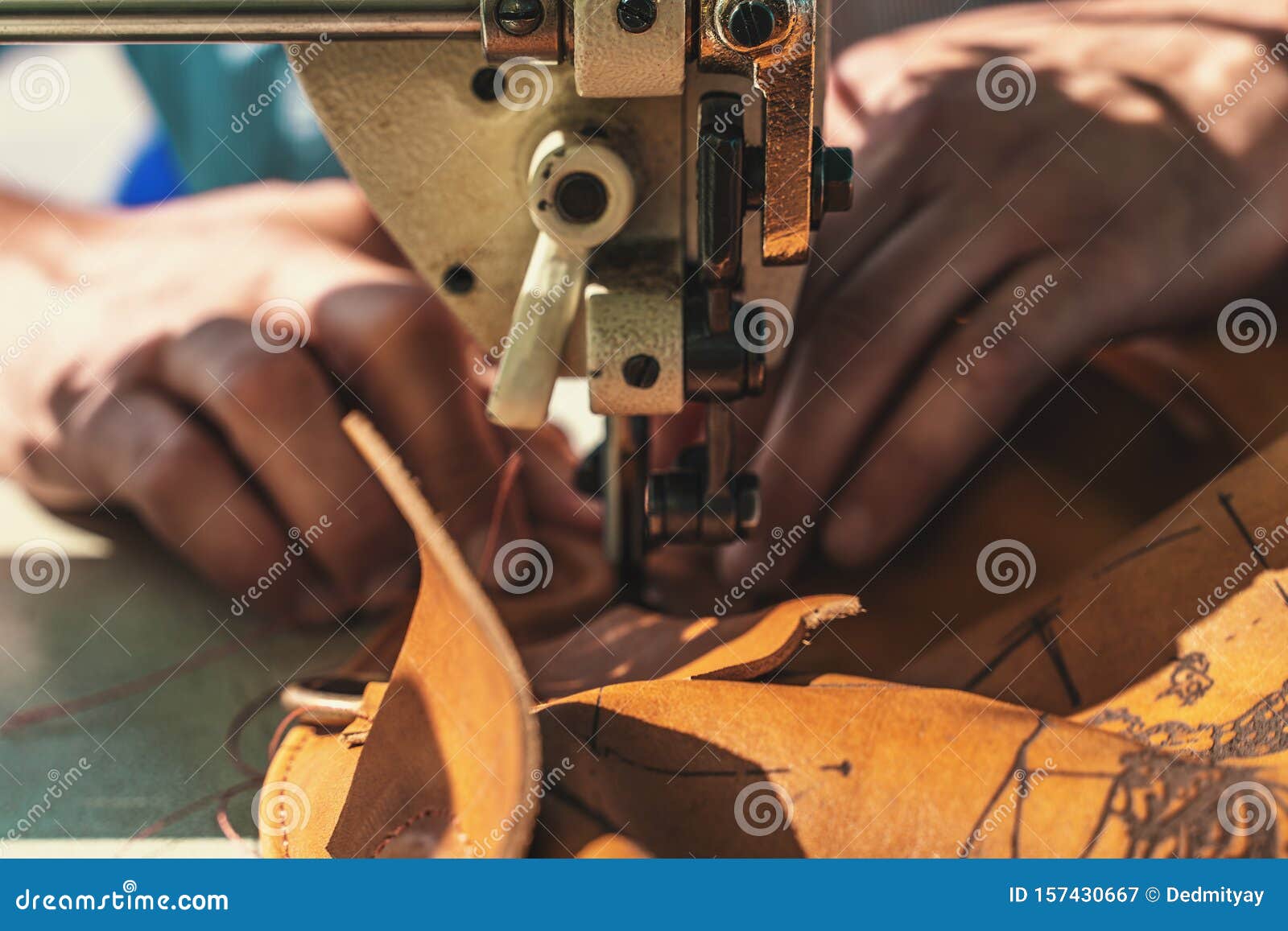 Working Process of Leather Craftsman. Tanner or Skinner Sews Leather on ...