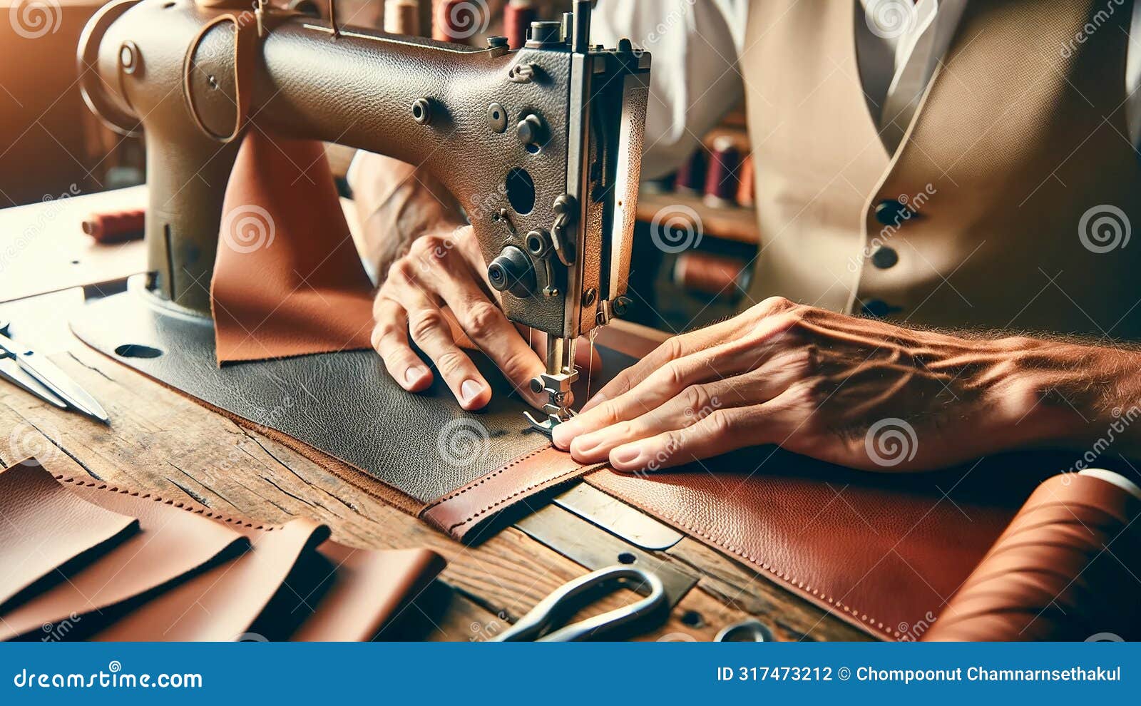 Working Process of a Leather Craftsman Using a Special Sewing Machine ...