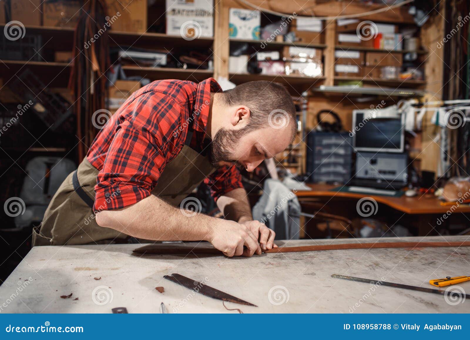 Working Process in the Leather Workshop. Tanner in Old Tannery. Stock ...