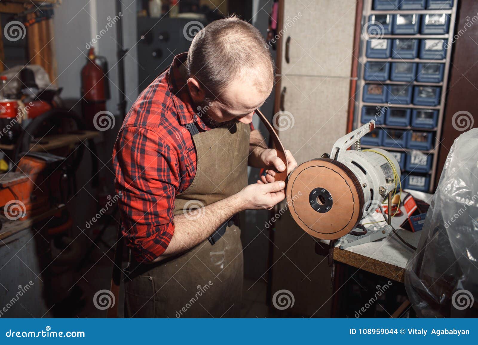 Working Process in the Leather Workshop. Tanner in Old Tannery. Stock ...