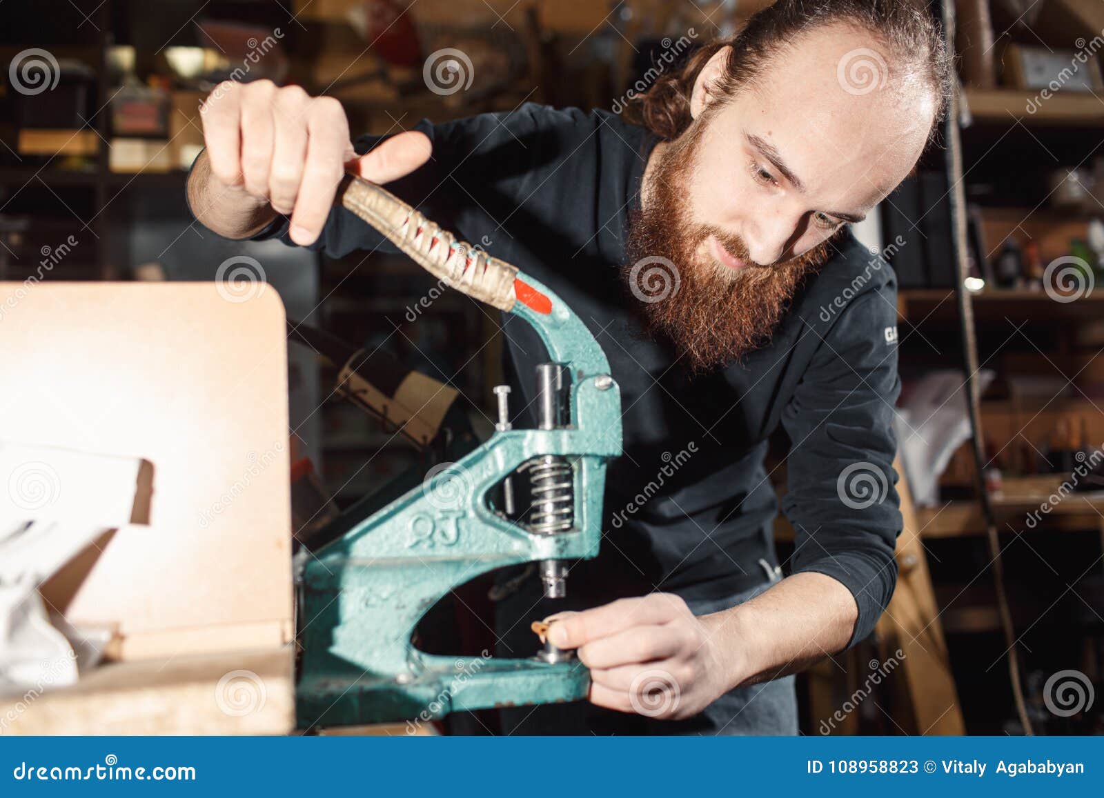Working Process in the Leather Workshop. Tanner in Old Tannery. Stock ...