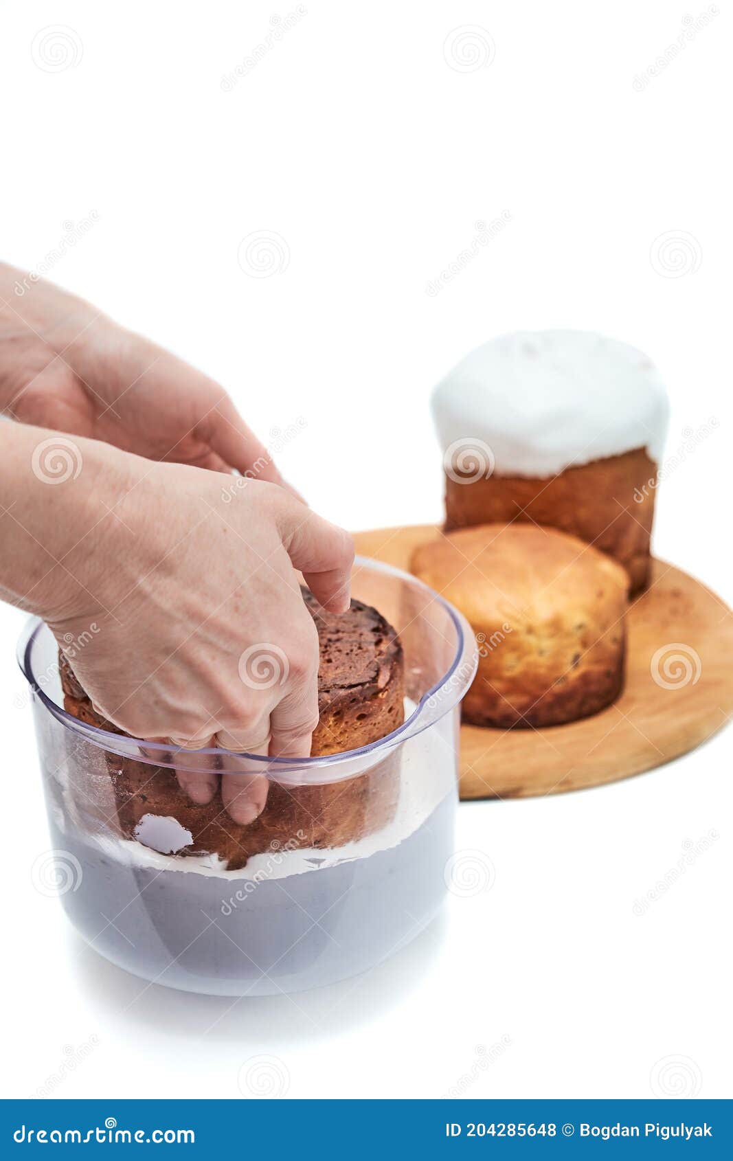 Wet the Cake in White Icing. Hands in the Frame Stock Photo - Image of ...