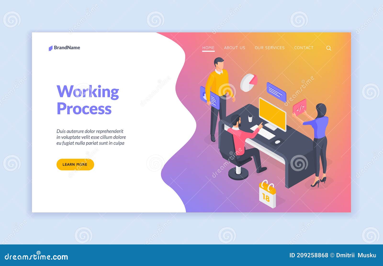 Working Process in Modern Office. Isometric Vector Illustration. Banner ...