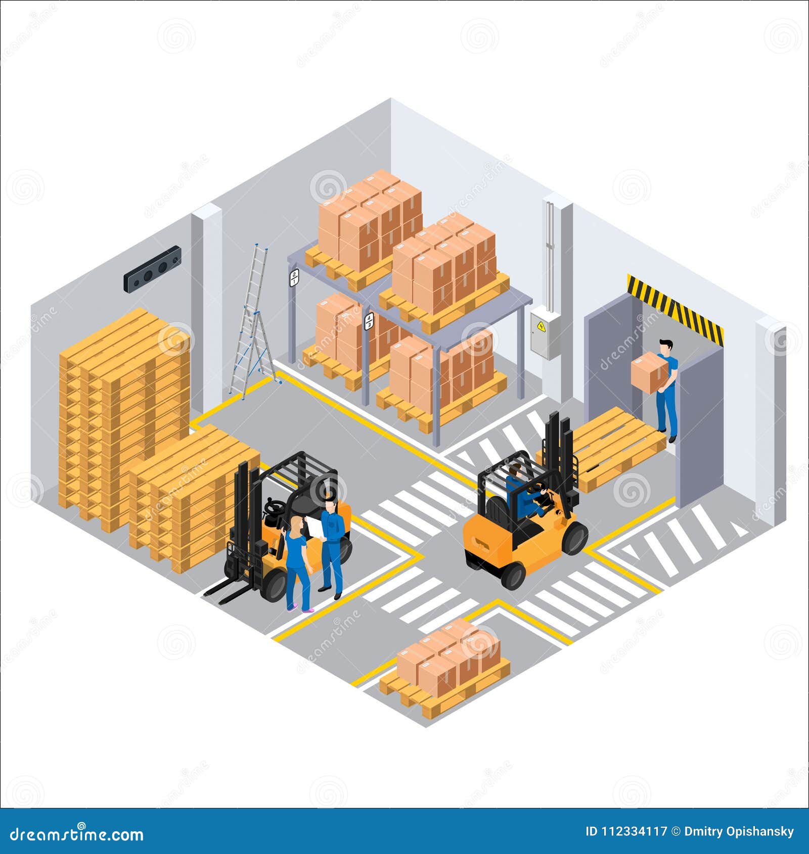 Working Process in the Warehouse, Loaders and Pallets with Boxes Stock ...