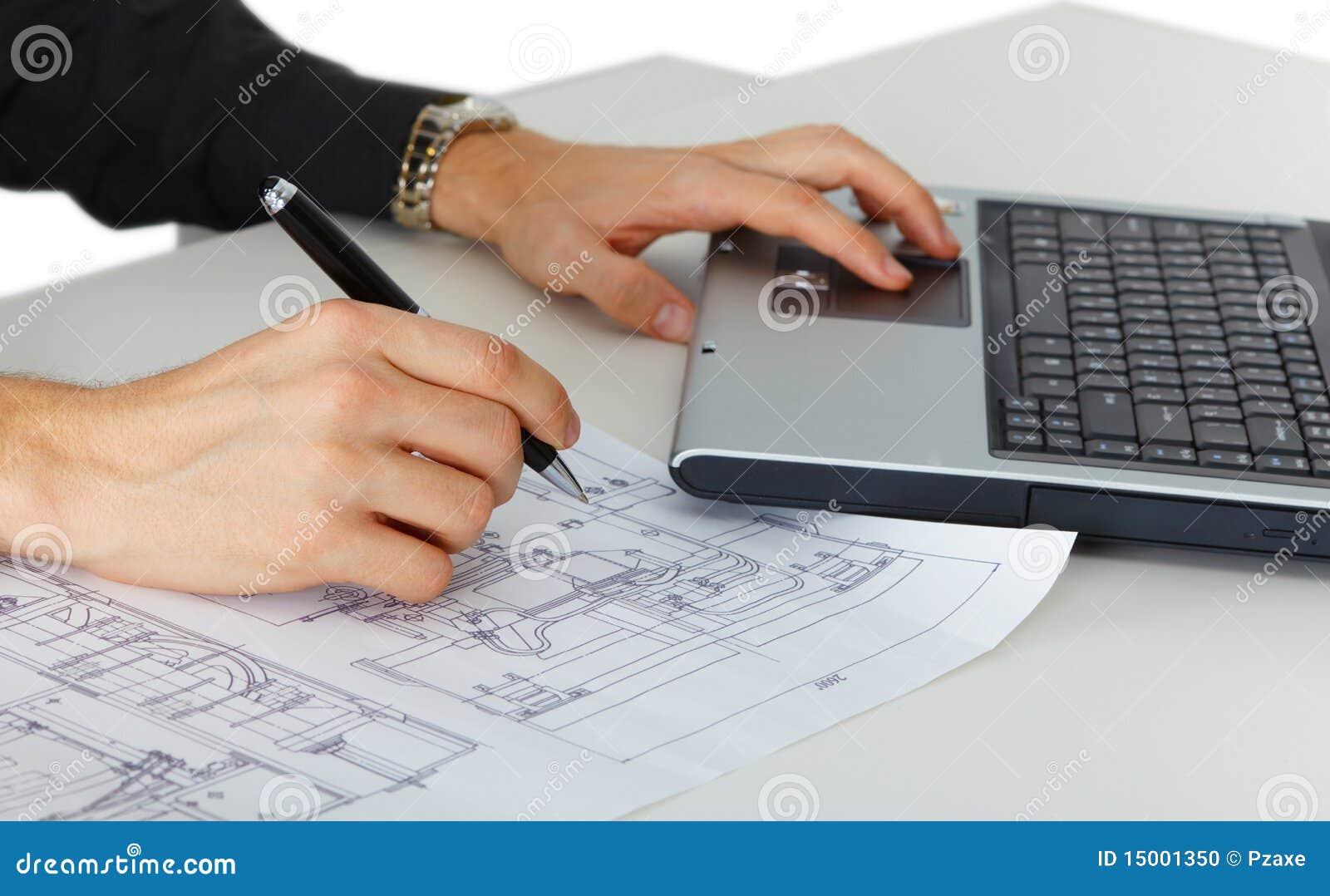 Working on Project with Drawings and Computer Stock Photo - Image of ...
