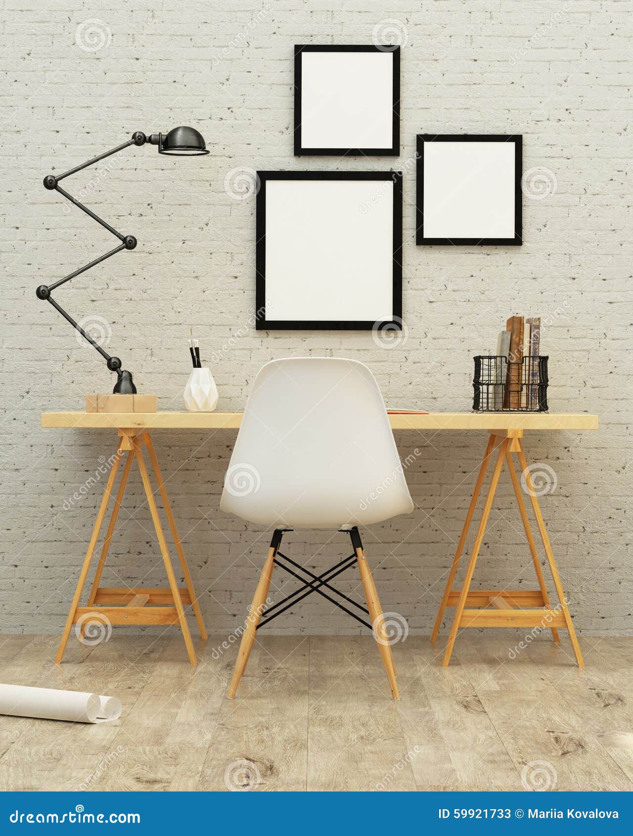 Working Room Interior Design 3d Rendering Stock Image - Image of ...