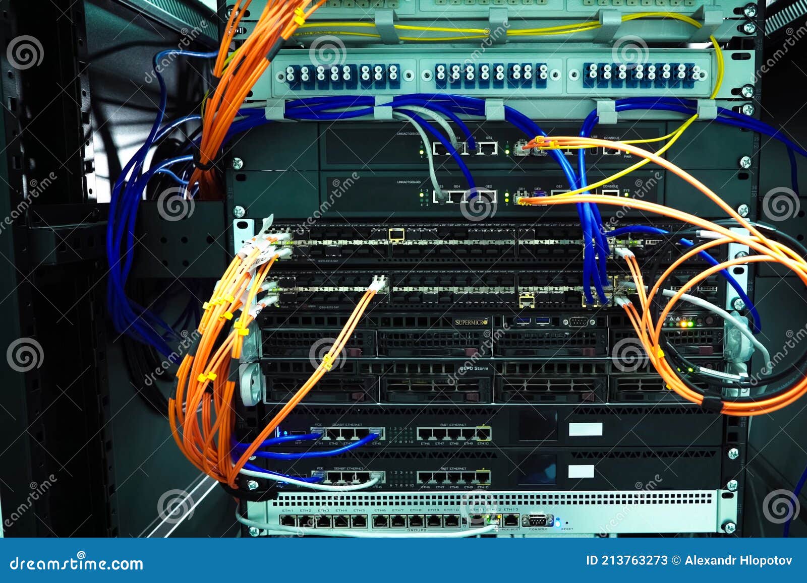 Working Server. Internet Wires and Flashing Lights on Server Stock ...