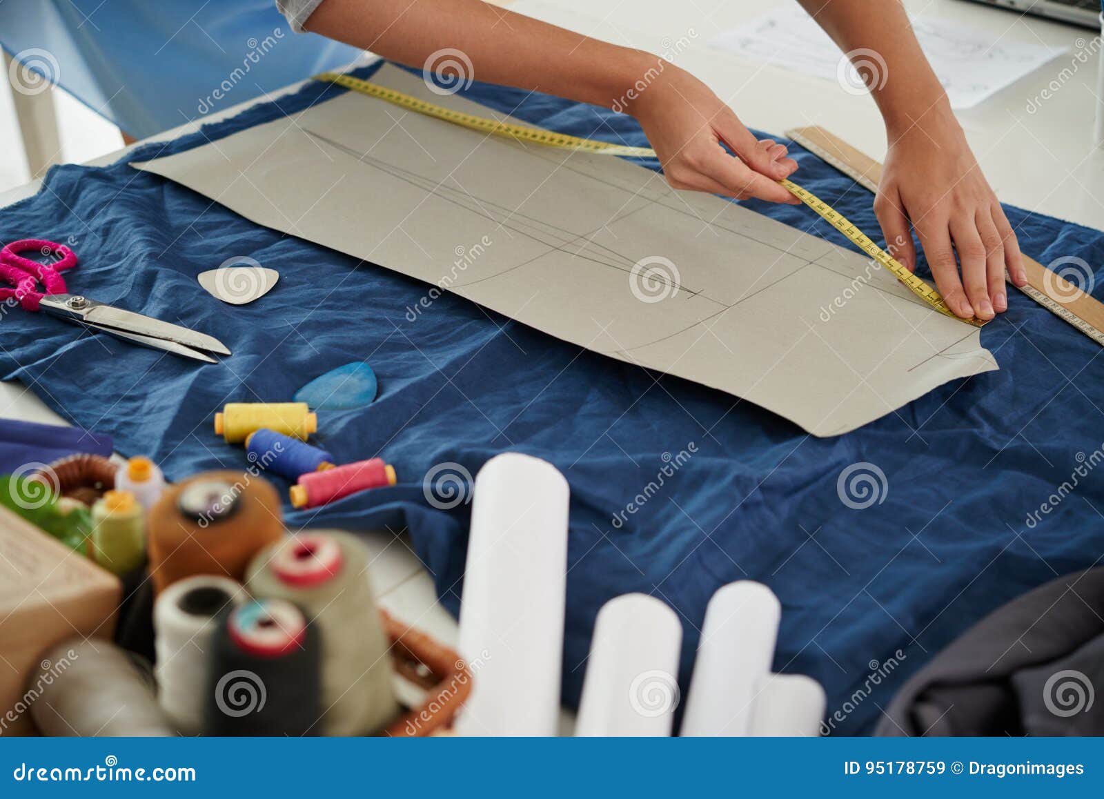 Working with Sewing Pattern Stock Image - Image of professional, blue ...