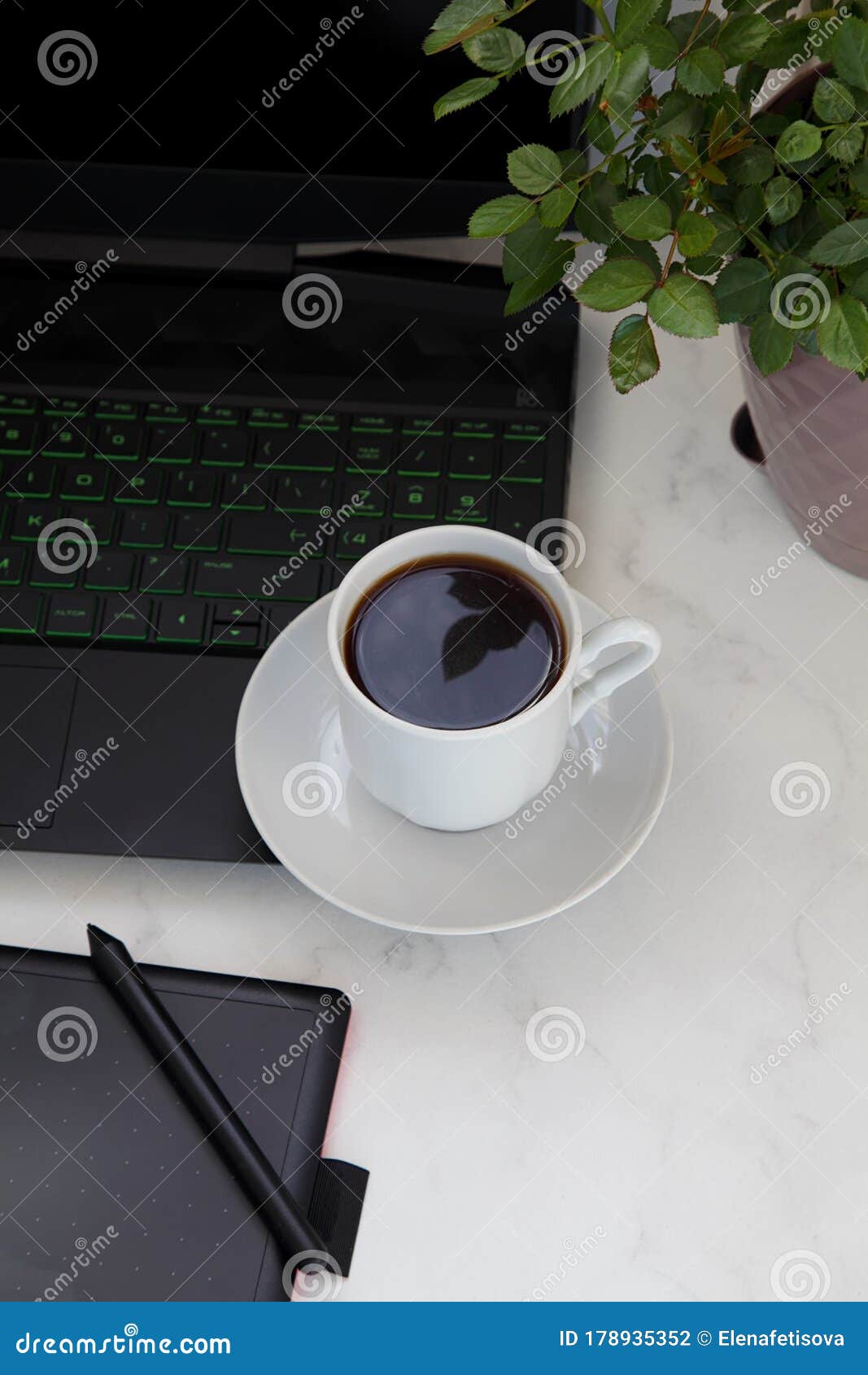 Working Space at Home. Computer, Morning Coffee and Tablet for Remote ...