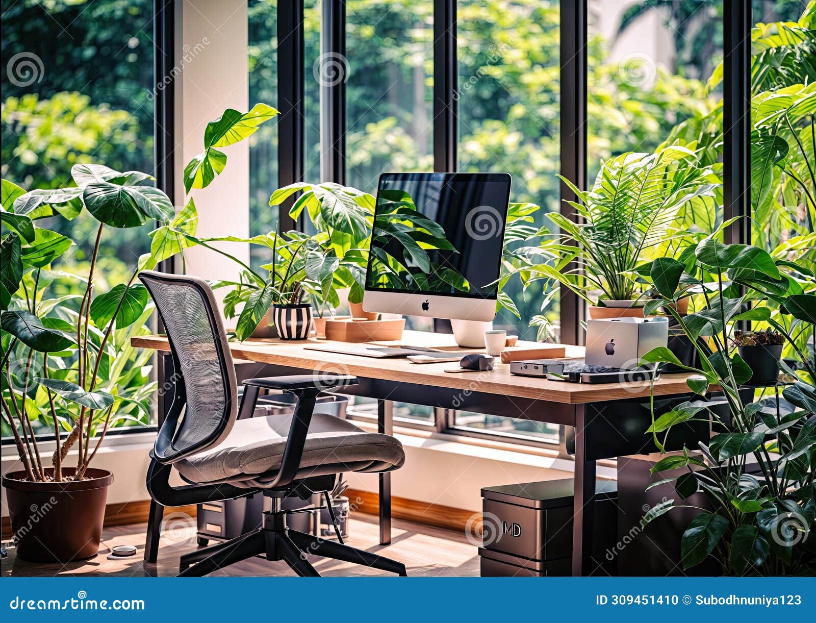 Working Space in Modern Office with Green Plants and Computer on Table ...