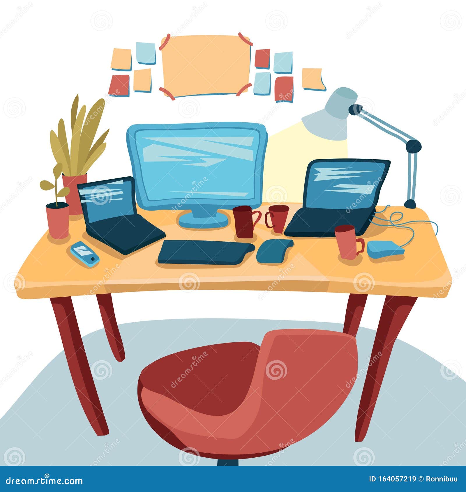 Working Space, Table with Three Computers or Laptops, Lamp and Notes on ...