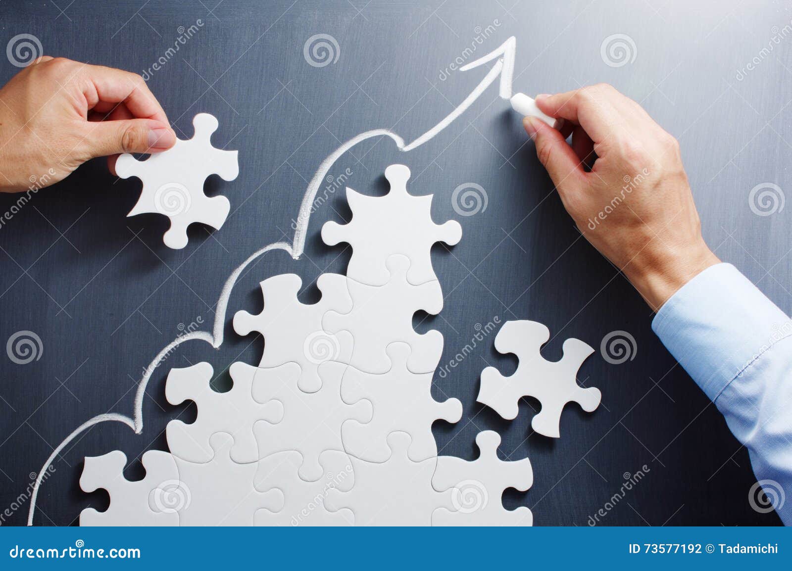 Working on Steps Shaped Jigsaw Puzzle. Drawing Up Arrow on Black Stock ...