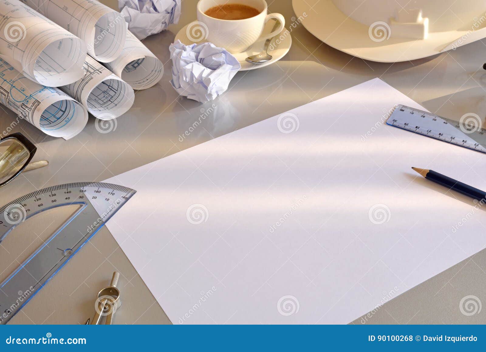 Working Table of Construction Engineer with New Project Elevated Stock ...