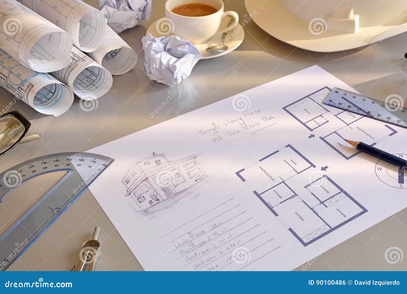 Working Table of Construction Engineer with Plan of Project Elev Stock ...