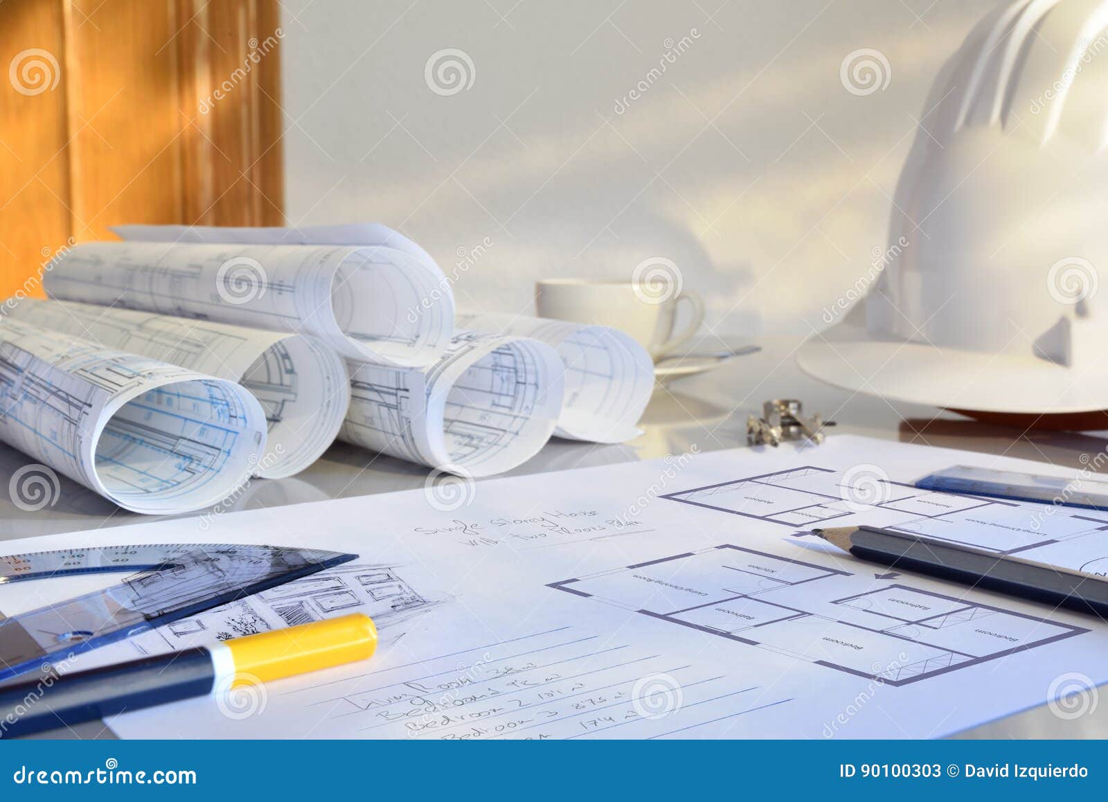 Working Table of Construction Engineer with Plan of Project Front Stock ...