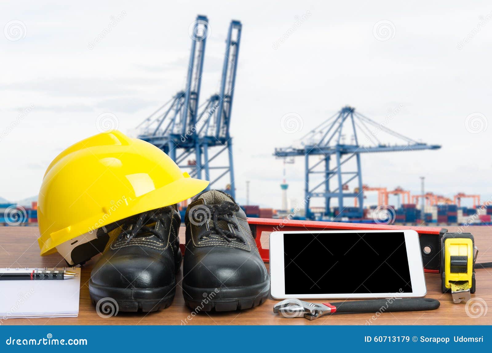 Working Table Engineer with Tablet and Tools Stock Image - Image of ...