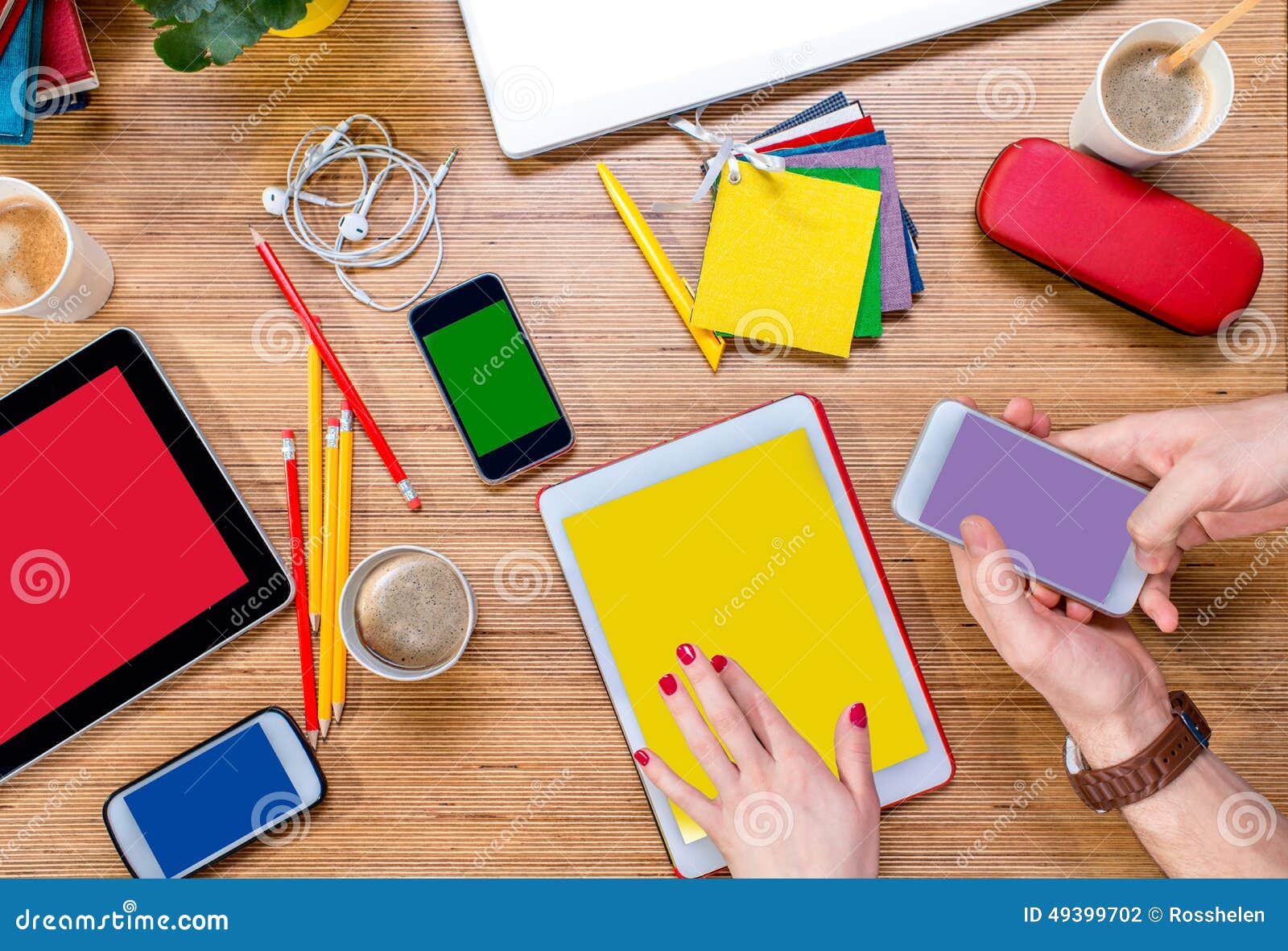 Working on Table with Gadgets Stock Photo - Image of smart, people ...