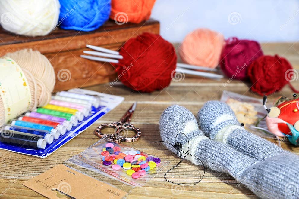 Working Table with Knitting Tools and Materials Stock Image - Image of ...